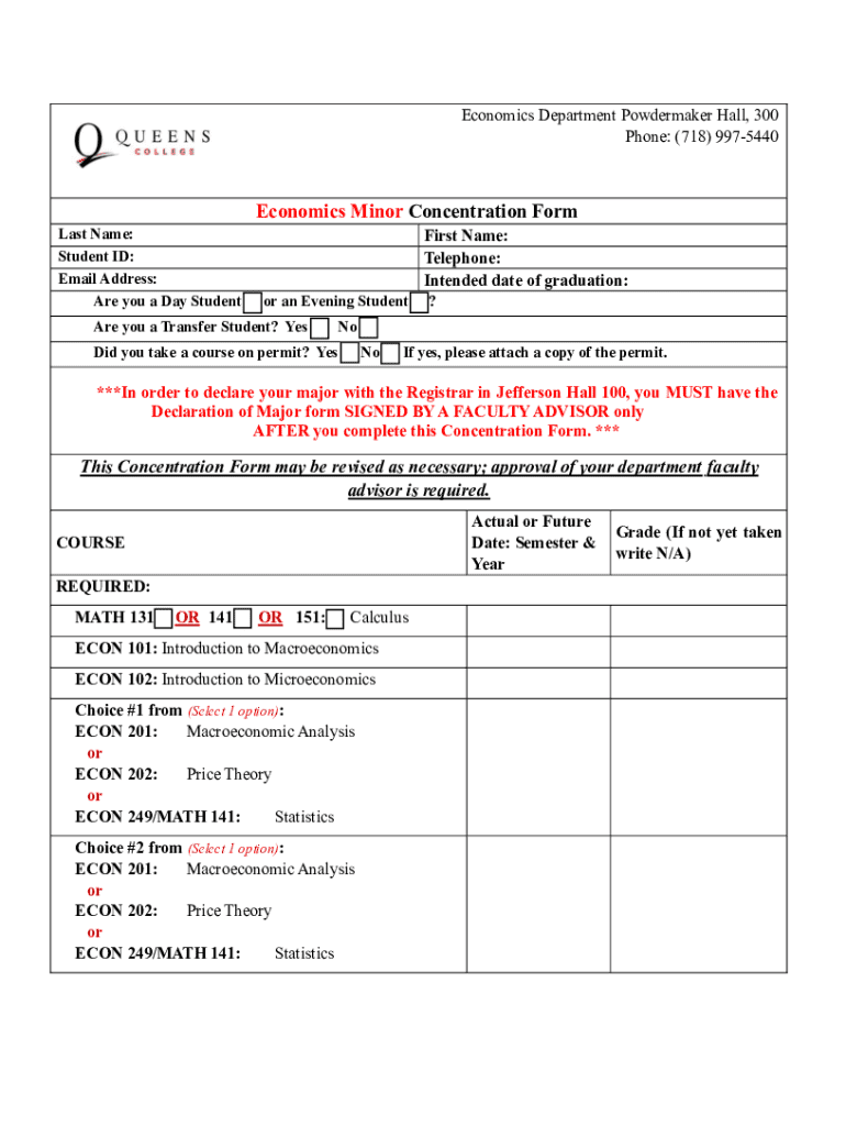 Fillable Online Economics Minor Concentration Form Fax Email Print ...
