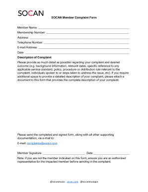 Fillable Online SOCAN Member Complaint Form. SOCAN Member Complaint ...