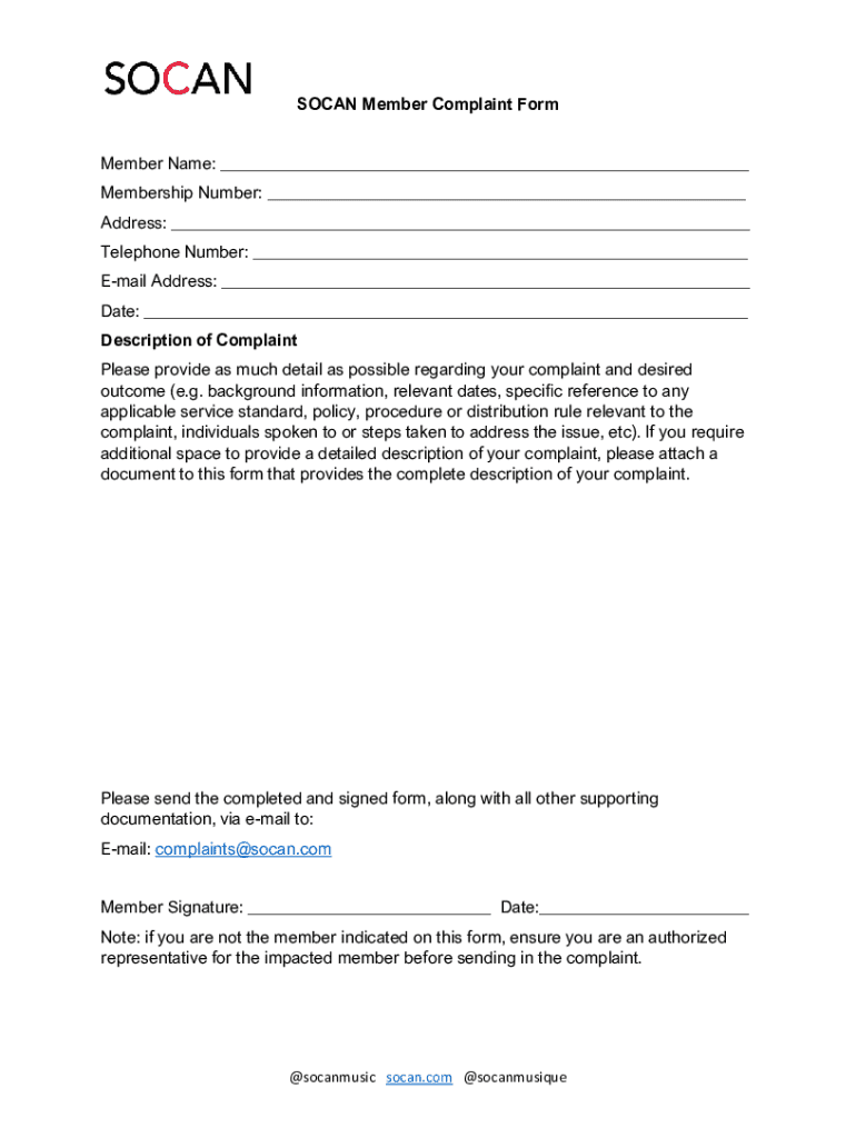 Fillable Online SOCAN Member Complaint Form. SOCAN Member Complaint ...