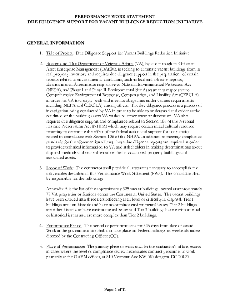 Fillable Online PERFORMANCE WORK STATEMENT DUE DILIGENCE ... Fax Email Print - pdfFiller