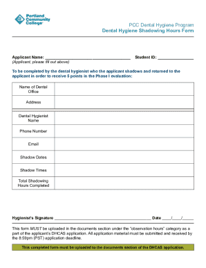Fillable Online Shadowing Hours FormPCC Dental Hygiene Program Fax ...