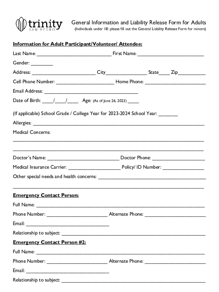Fillable Online General Information and Liability Release Form for Adults Fax Email Print ...