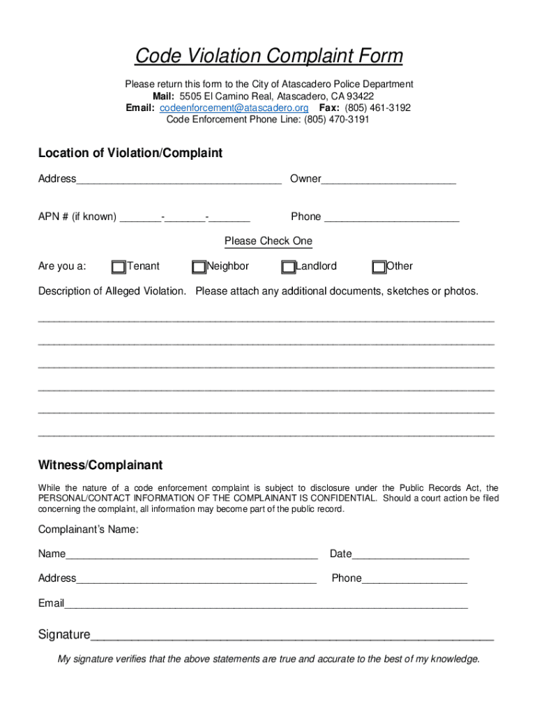 Fillable Online Traffic Complaint Form - City of Atascadero Fax Email ...