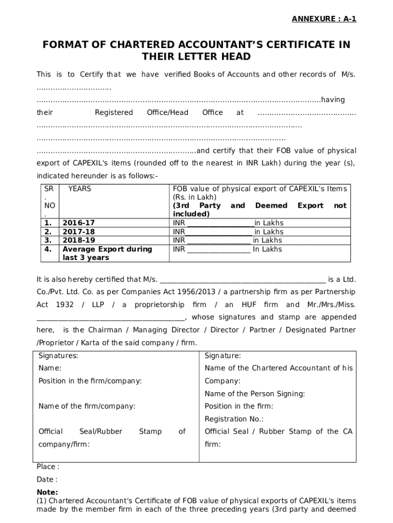 Annexure- I Certificate by Chartered Accountant on letter head Doc Template | pdfFiller
