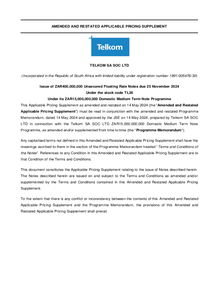 Fillable Online APPLICABLE PRICING SUPPLEMENT TELKOM SA SOC ... Fax ...