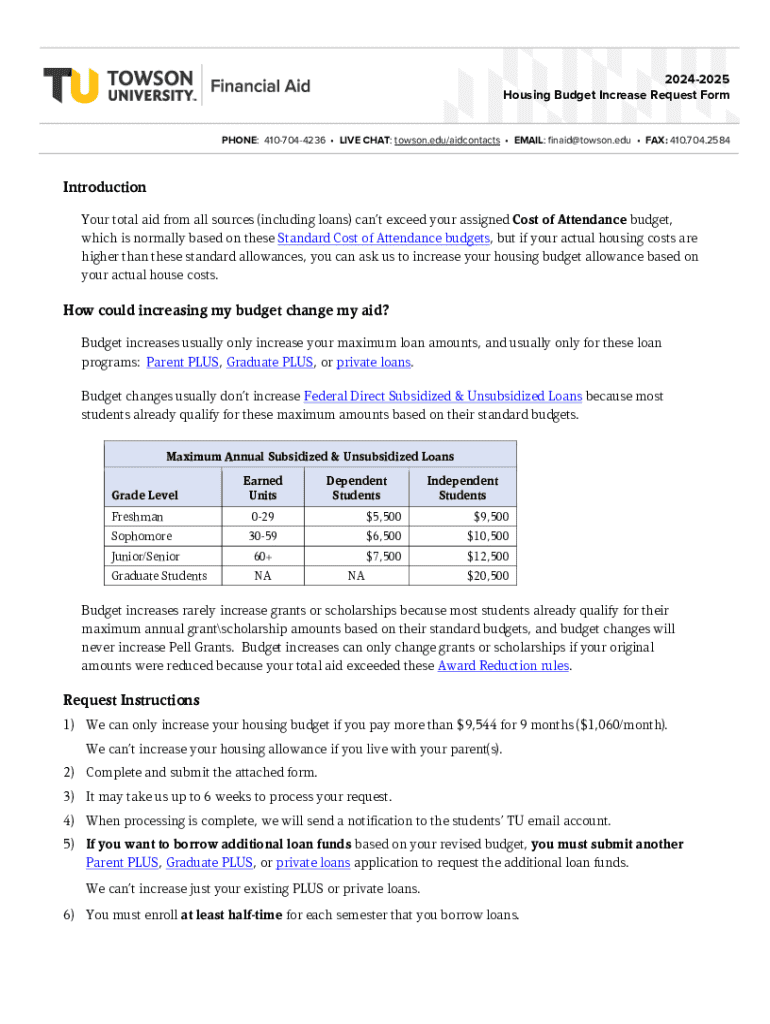 Fillable Online 2024-2025 Housing Budget Increase Request FormTowson ...