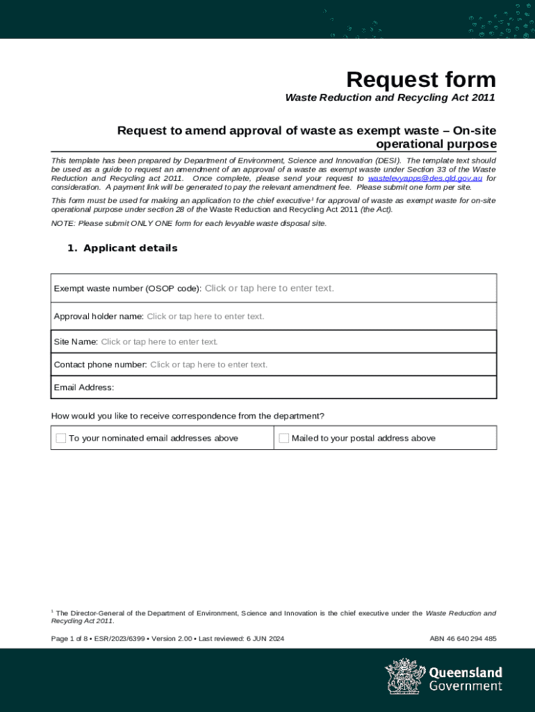 Request to amend approval of waste as exempt waste (for onsite ...