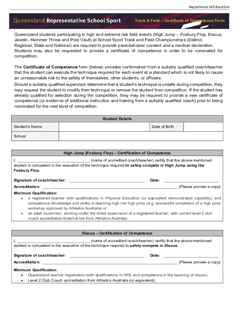 Fillable Online QRSS Track & Field Certificate of Competence Form Fax Email Print - pdfFiller