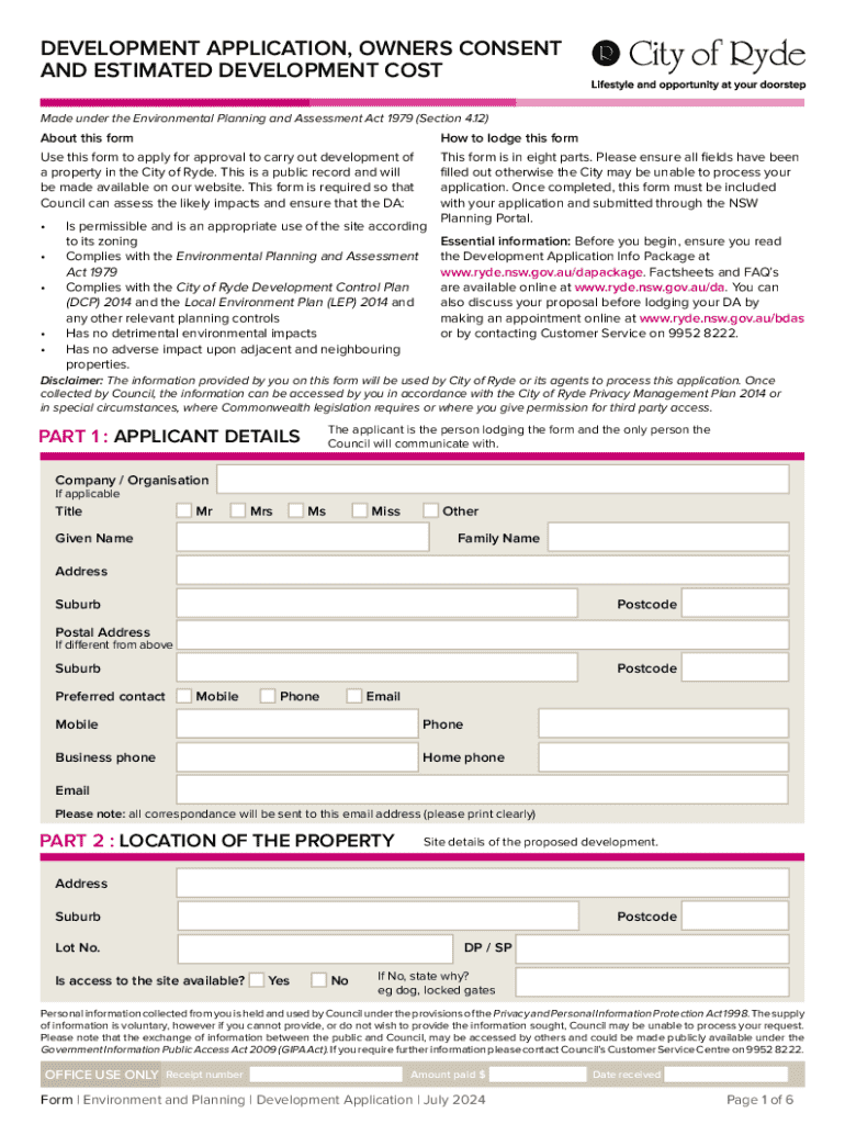 Fillable Online DEVELOPMENT APPLICATION, OWNERS CONSENT ... Fax Email Print - pdfFiller