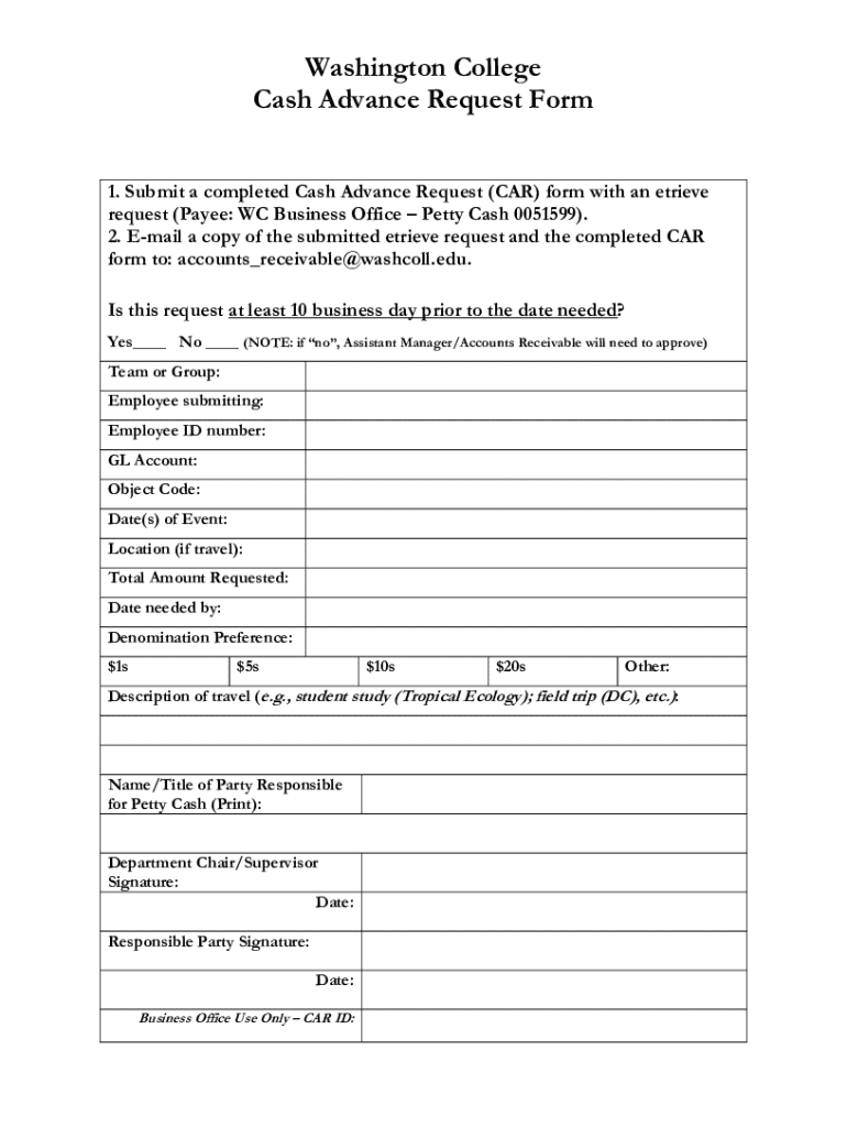 Fillable Online Washington College Cash Advance Request Form Fax Email ...