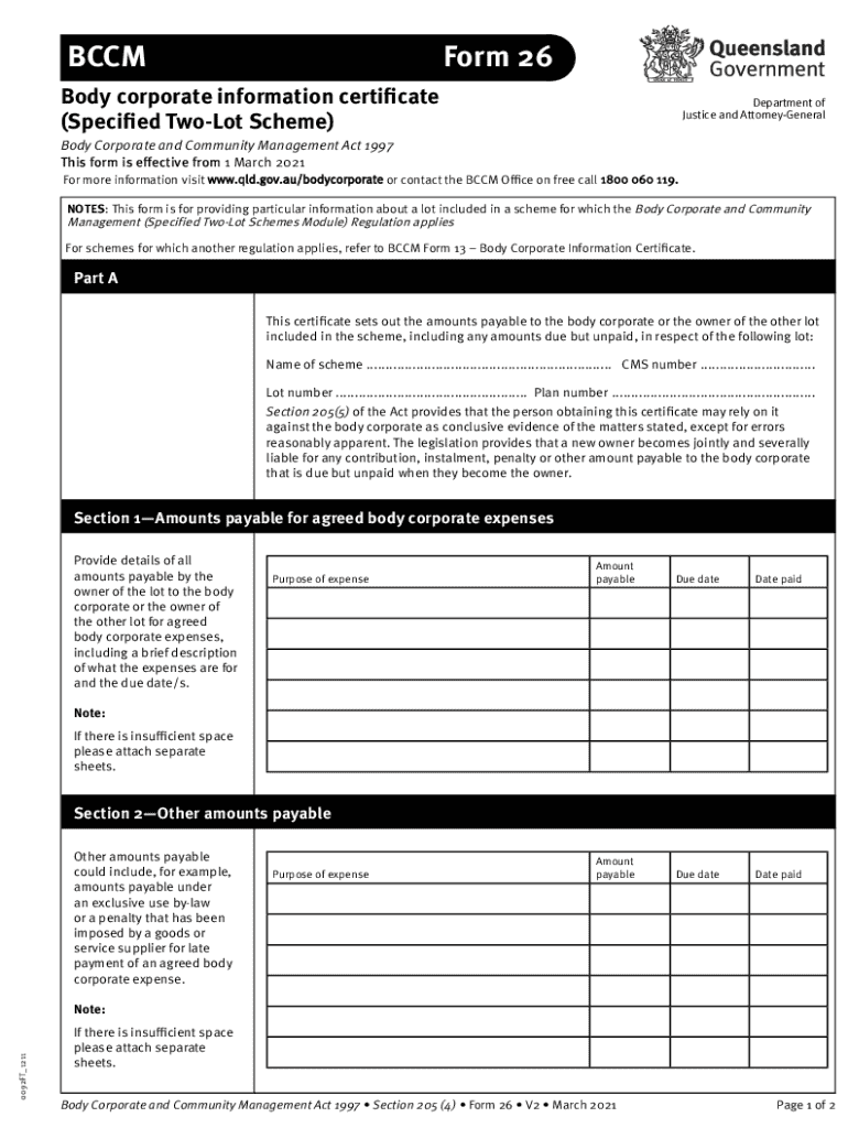 Fillable Online BCCM Form 26 - Information Certificate (Two-lot Scheme ...