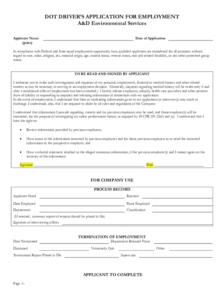 Fillable Online DOT DRIVER'S APPLICATION FOR EMPLOYMENT ... Fax Email ...