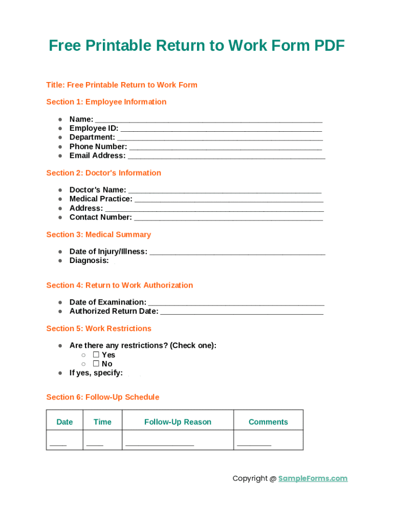 Return to Work & Template Doc Template | pdfFiller