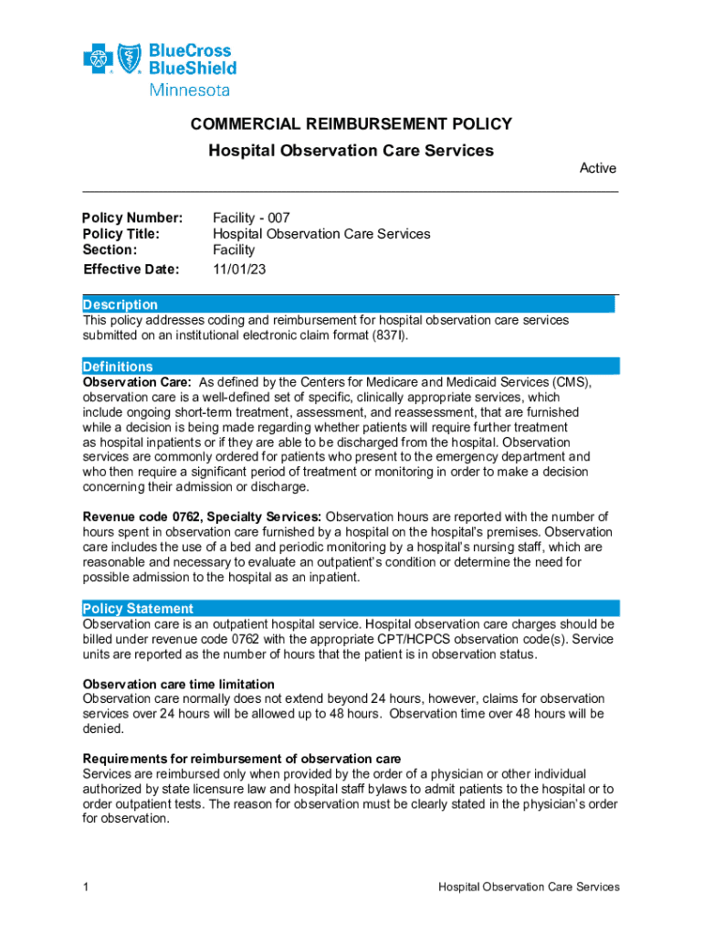 Fillable Online Commercial Facility - 007 Hospital Observation Care ...