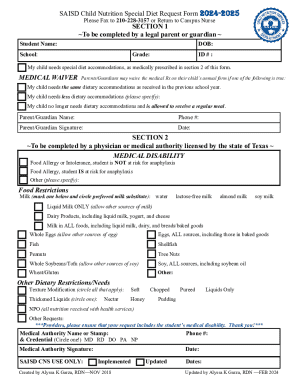 Fillable Online SAISD Child Nutrition Special Diet Request Form 2024 ...
