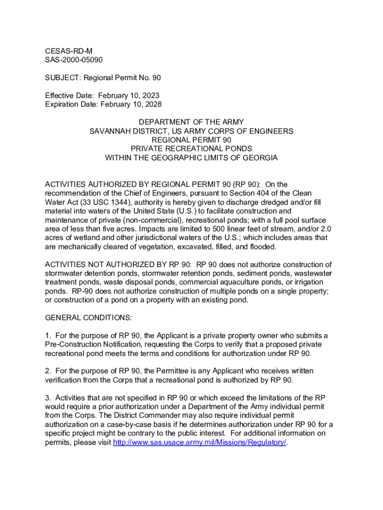 Fillable Online Regional Permit No. 90 - (USACE), Savannah District ...
