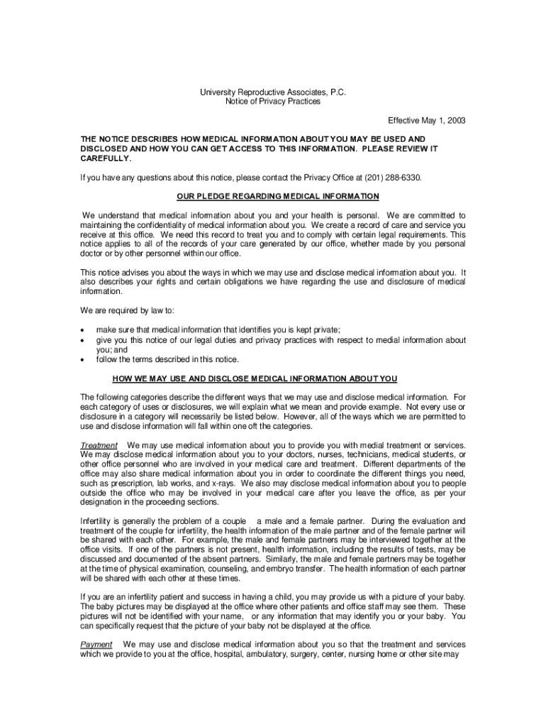Fillable Online University Reproductive Associates, P.C. Notice of ...