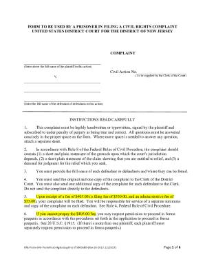 Fillable Online form to be used by a prisoner in filing a civil rights ...