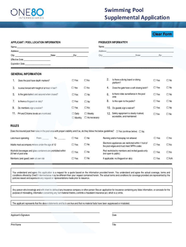 Fillable Online Swimming-Pools-or-Beaches-Supplemental-Application- ... Fax Email Print - pdfFiller