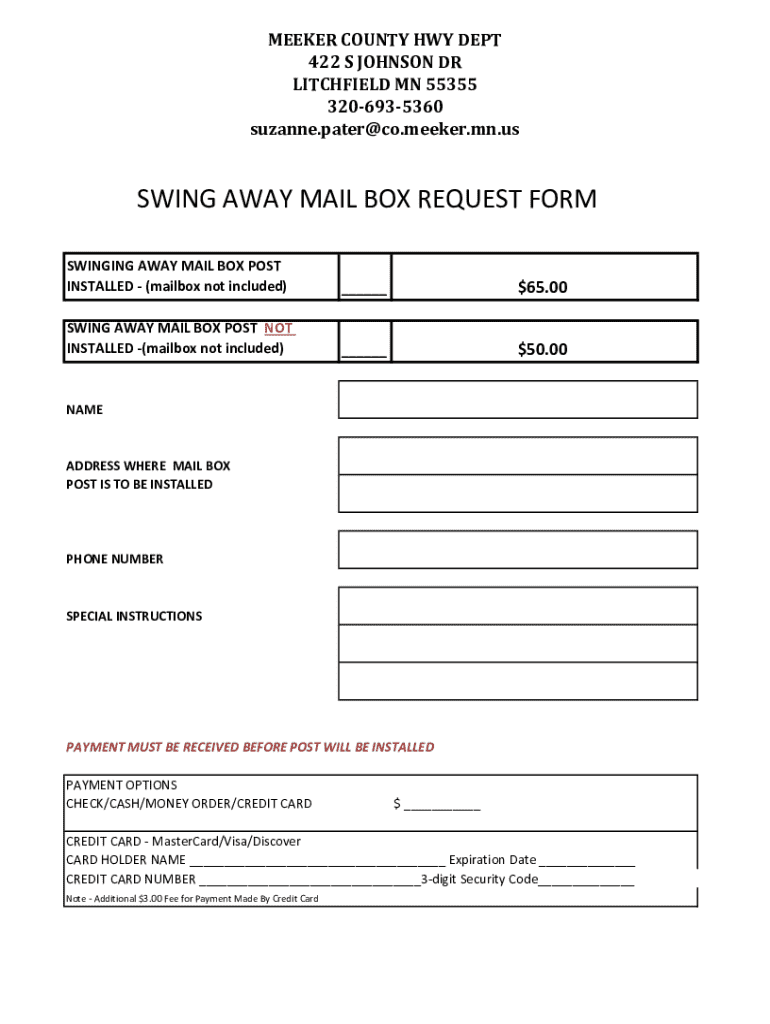 Fillable Online swing away mail box request form - Meeker County Fax ...