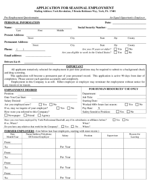 Fillable Online Employment Application - york parks and rec Fax Email ...