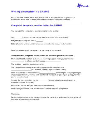 Fillable Online Complaint template email or letter for CAMHS Fax Email ...