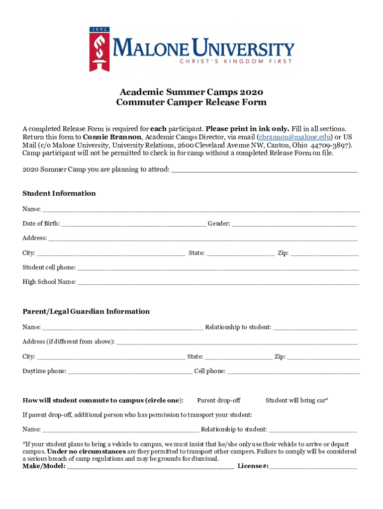 Fillable Online 2020 Commuter Camper Release Form Fax Email Print ...