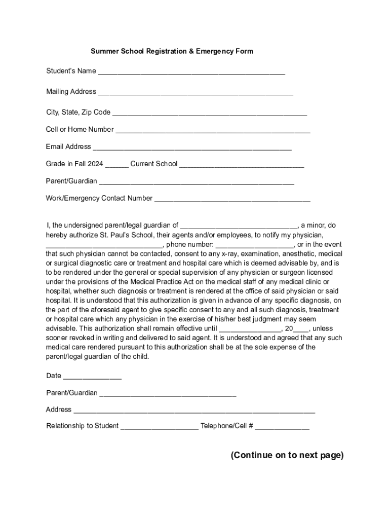 Fillable Online Summer School Registration & Emergency Form 2024 Fax Email Print - pdfFiller