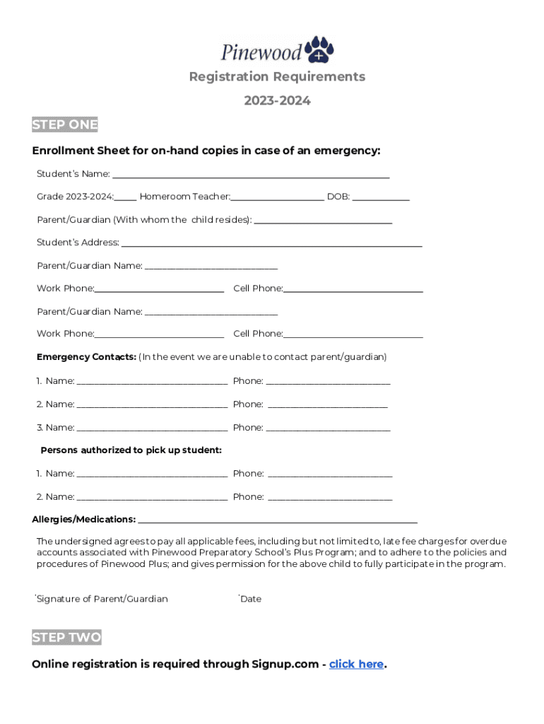 Fillable Online Enrollment Sheet for on-hand copies in case of an emergency: Fax Email Print ...