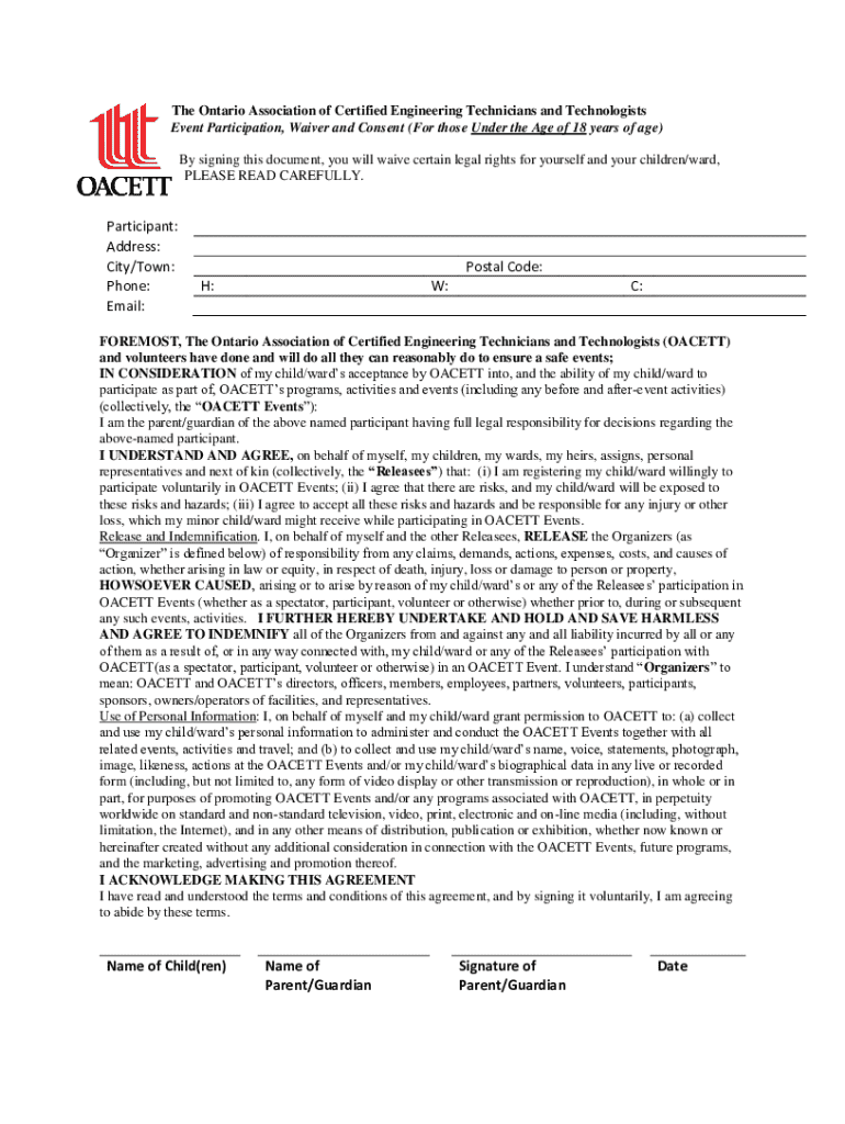Fillable Online Event Participation, Waiver and Consent Form Minors Fax ...
