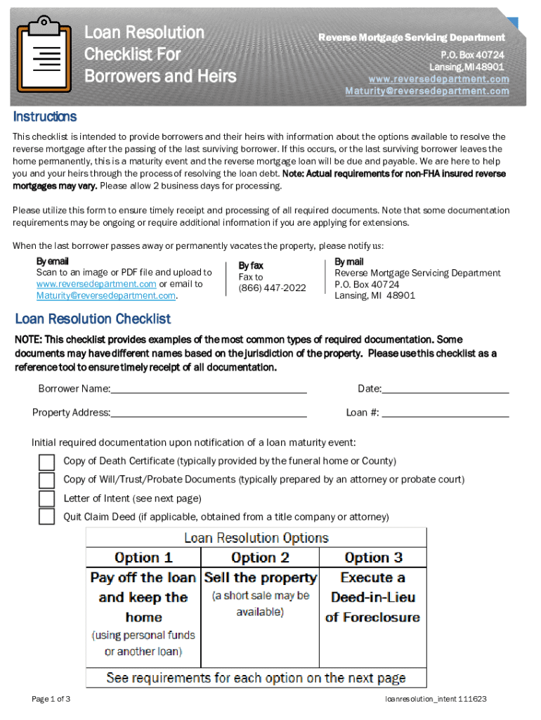 Fillable Online Loan Resolution Checklist for Borrowers and Heirs Fax ...