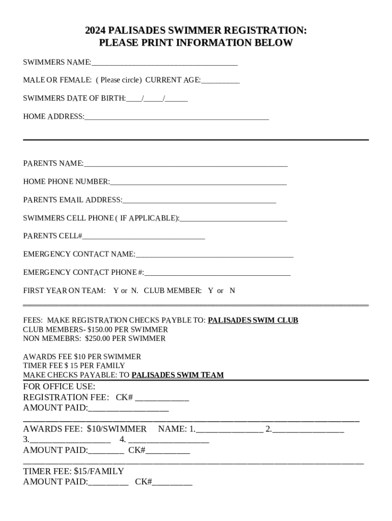 PALISADES SWIM TEAM SWIMMER REGISTRATION Doc Template | pdfFiller