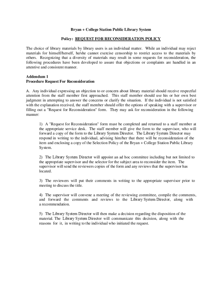 Fillable Online BCS LIbrary System Request for Reconsideration Policy ...