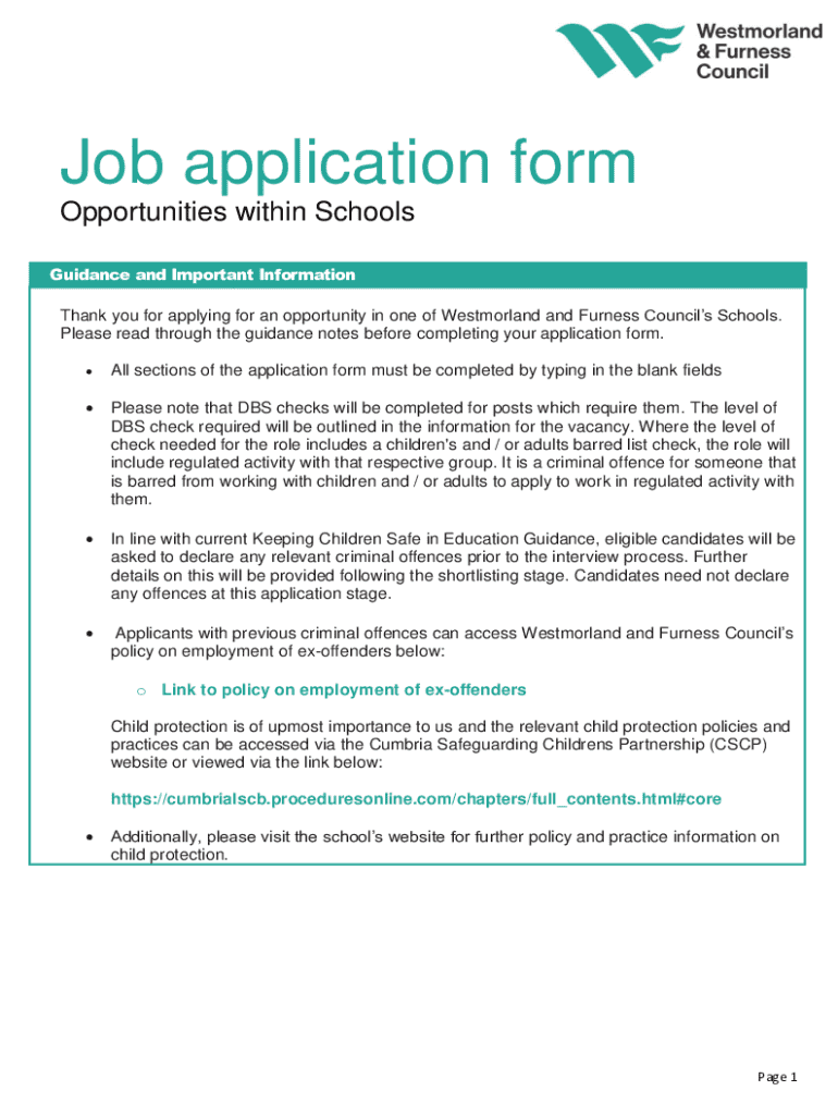 Fillable Online Westmorland and Furness School Application Form Fax ...
