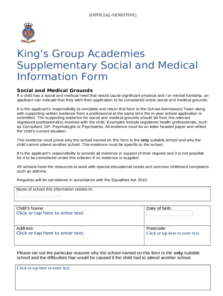King's Academy Binfield and Oakwood social and medical in-year Doc Template | pdfFiller
