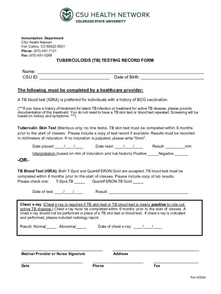 Fillable Online health colostate TUBERCULOSIS (TB) TESTING RECORD FORM ...