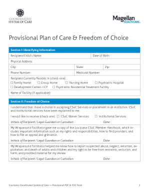 Fillable Online Louisiana CSoC Provision POC & FOC Form Fax Email Print - pdfFiller