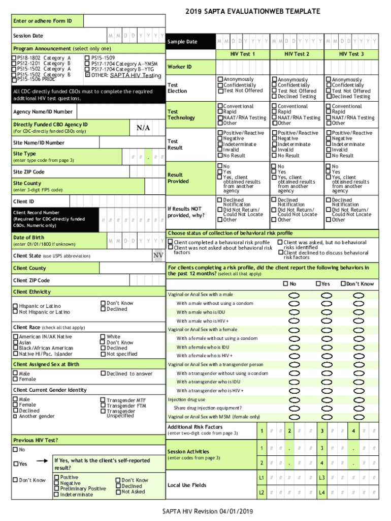 Fillable Online 2019 Nevada Evaluation Web HIV Test SAPTA Fillable Form ...