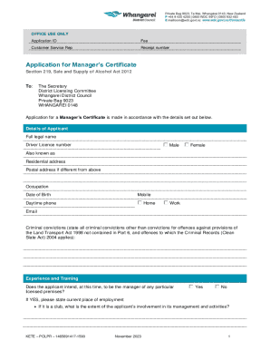 Fillable Online Application for Managers Certificate. Alcohol Licence ...
