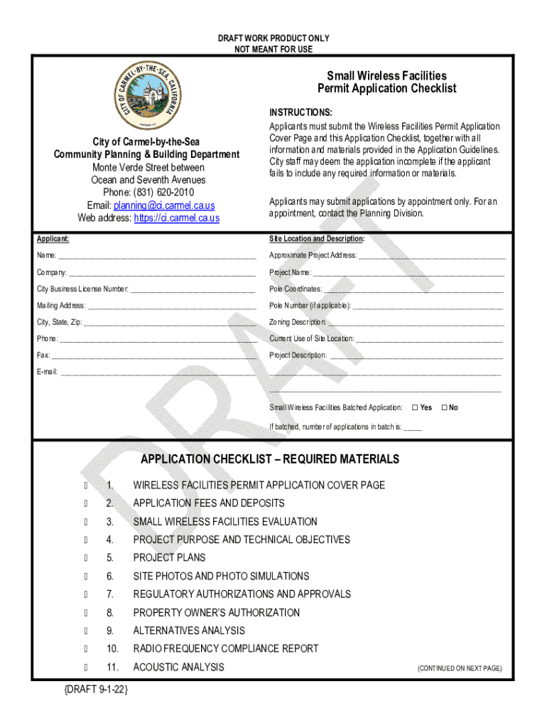 Fillable Online ci carmel ca Small Wireless Facilities Permit Application Checklist APPLICATION ...
