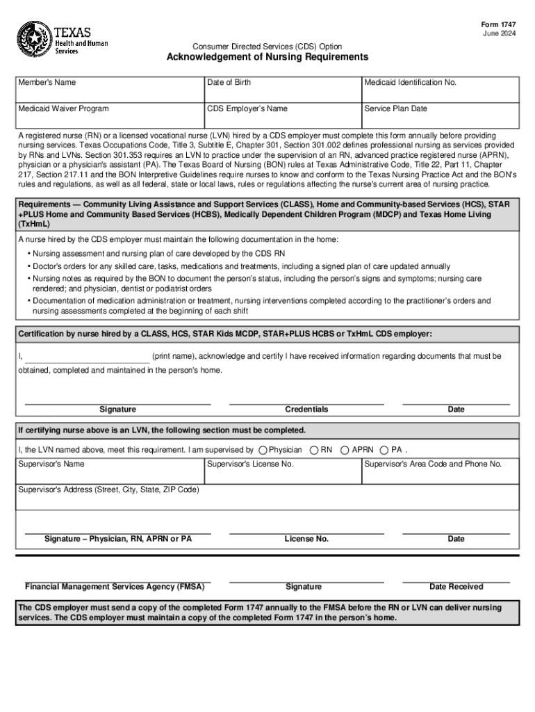 Fillable Online Form 1747, Acknowledgement of Nursing Requirements Fax ...