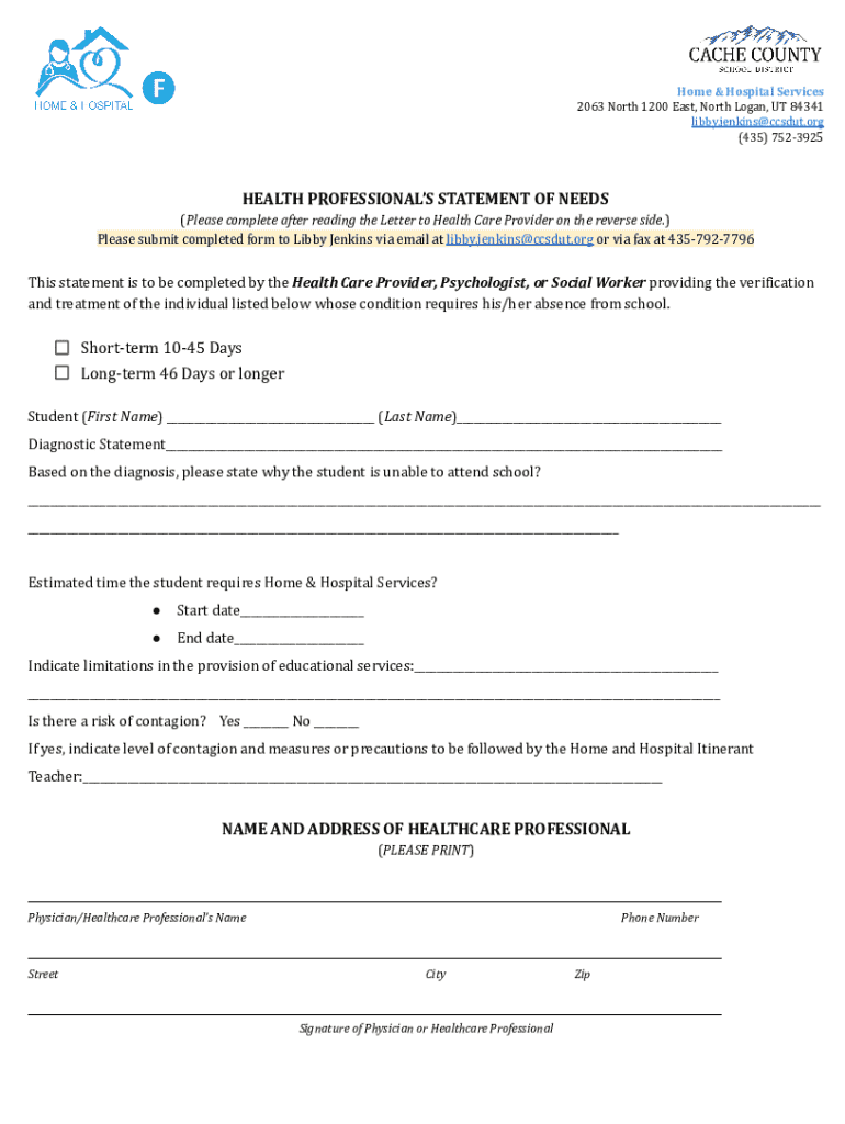 Fillable Online Form FHealthcare Professional's Statement of Needs Fax ...