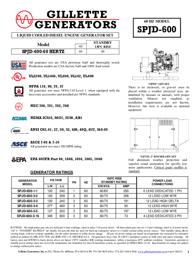 Fillable Online SPJD-600 - 60 kW, Single or 3-Phase, John Deere Diesel ...