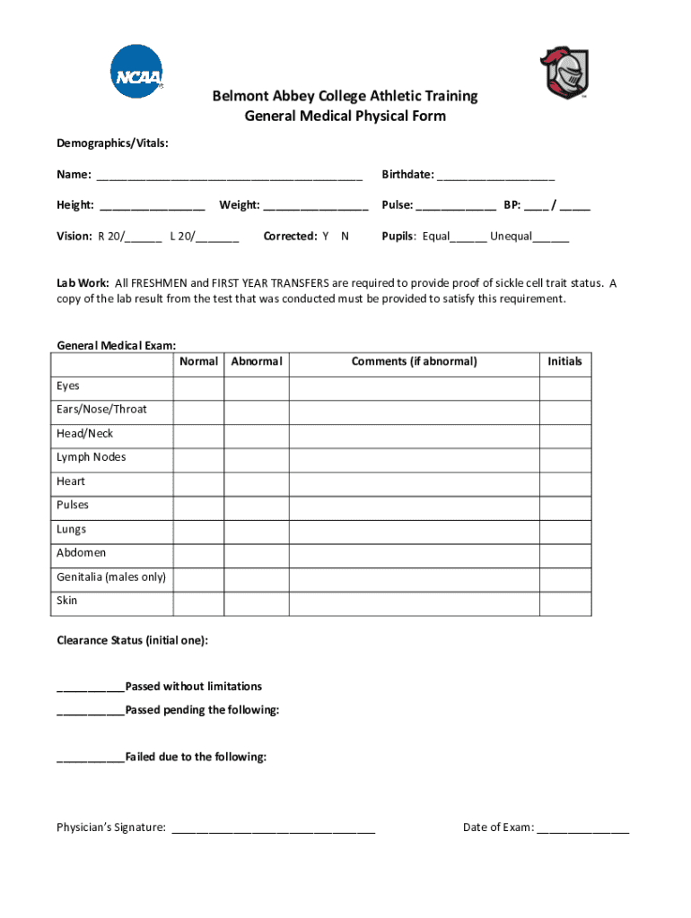 Fillable Online Belhaven University Pre-Participation Physical Exam ...