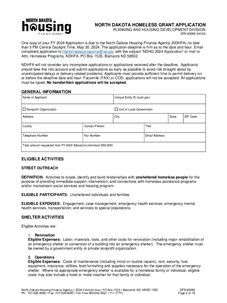 Fillable Online FY 2024 North Dakota Homeless Grant Application. FY ...