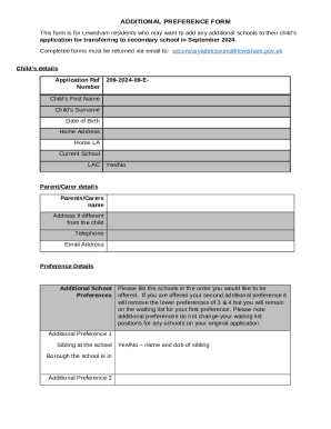 Additional preference for secondary school admissions Doc Template | pdfFiller