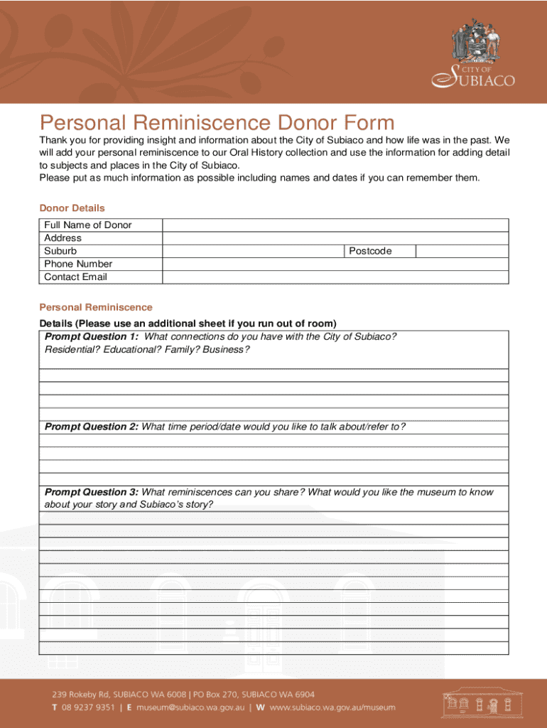 Fillable Online Personal Reminiscence Donor Form Fax Email Print - pdfFiller