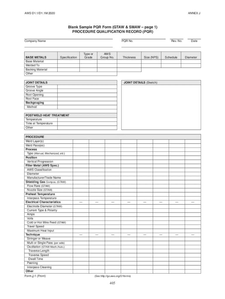 Fillable Online 405 Blank Sample PQR Form (GTAW & SMAWpage 1 ... Fax ...