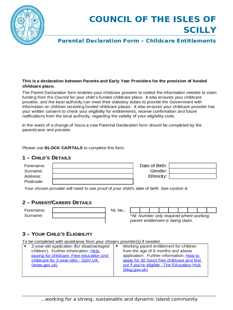 Parental Declaration Council of the Isles of Scilly Doc Template | pdfFiller