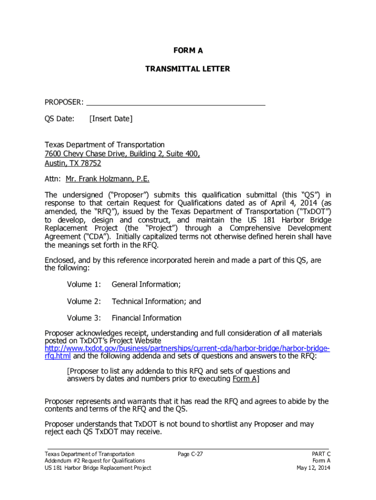 Fillable Online US 181 Harbor Bridge Replacement - Request for Qualifications. Addendum 2 ...